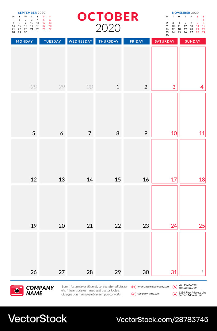 October 2020 calendar planner stationery design Vector Image