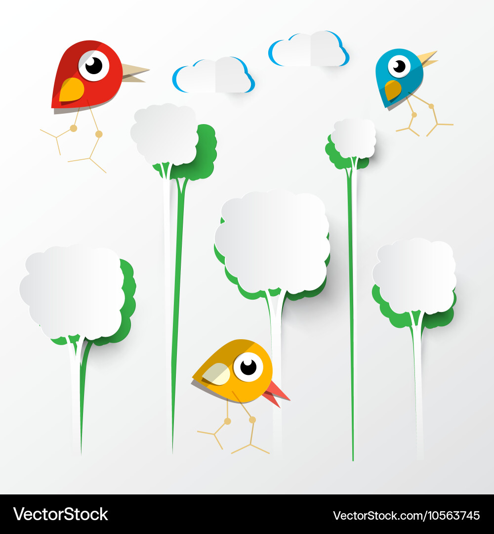 Paper cut trees with birds on background Vector Image