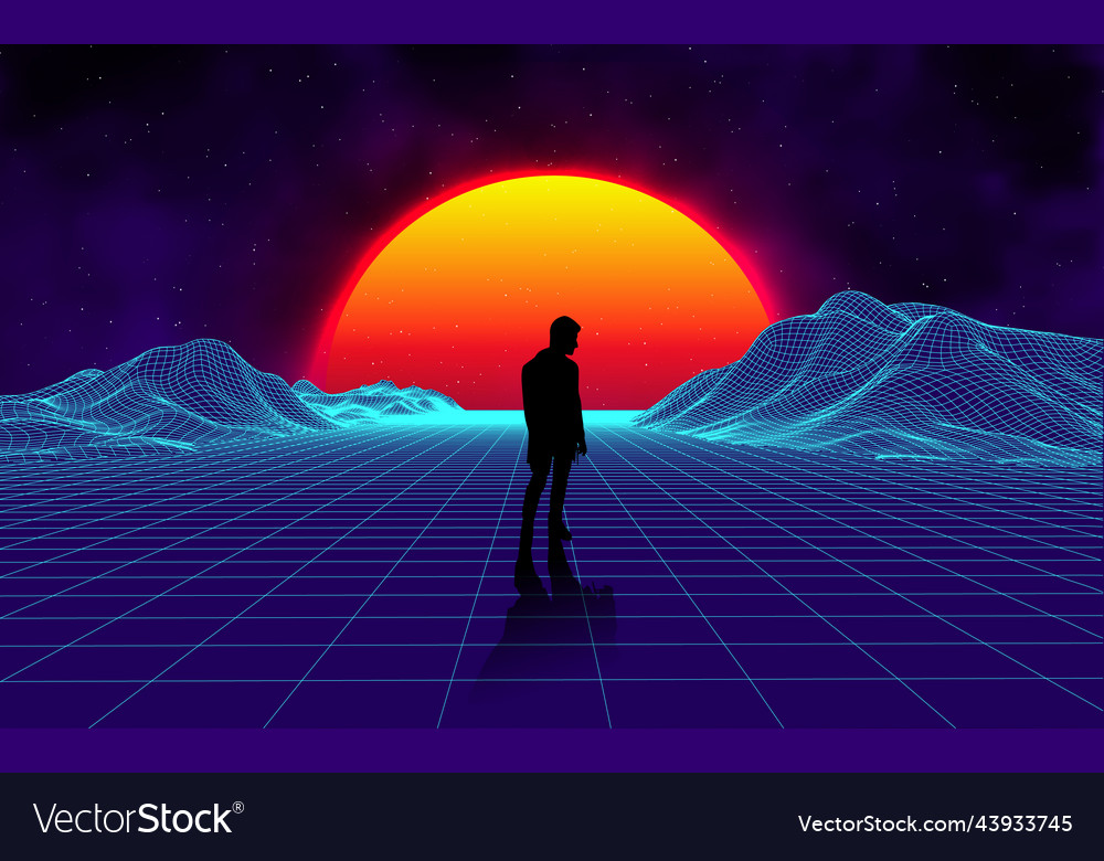 Retro landscape background sunset 3d Royalty Free Vector