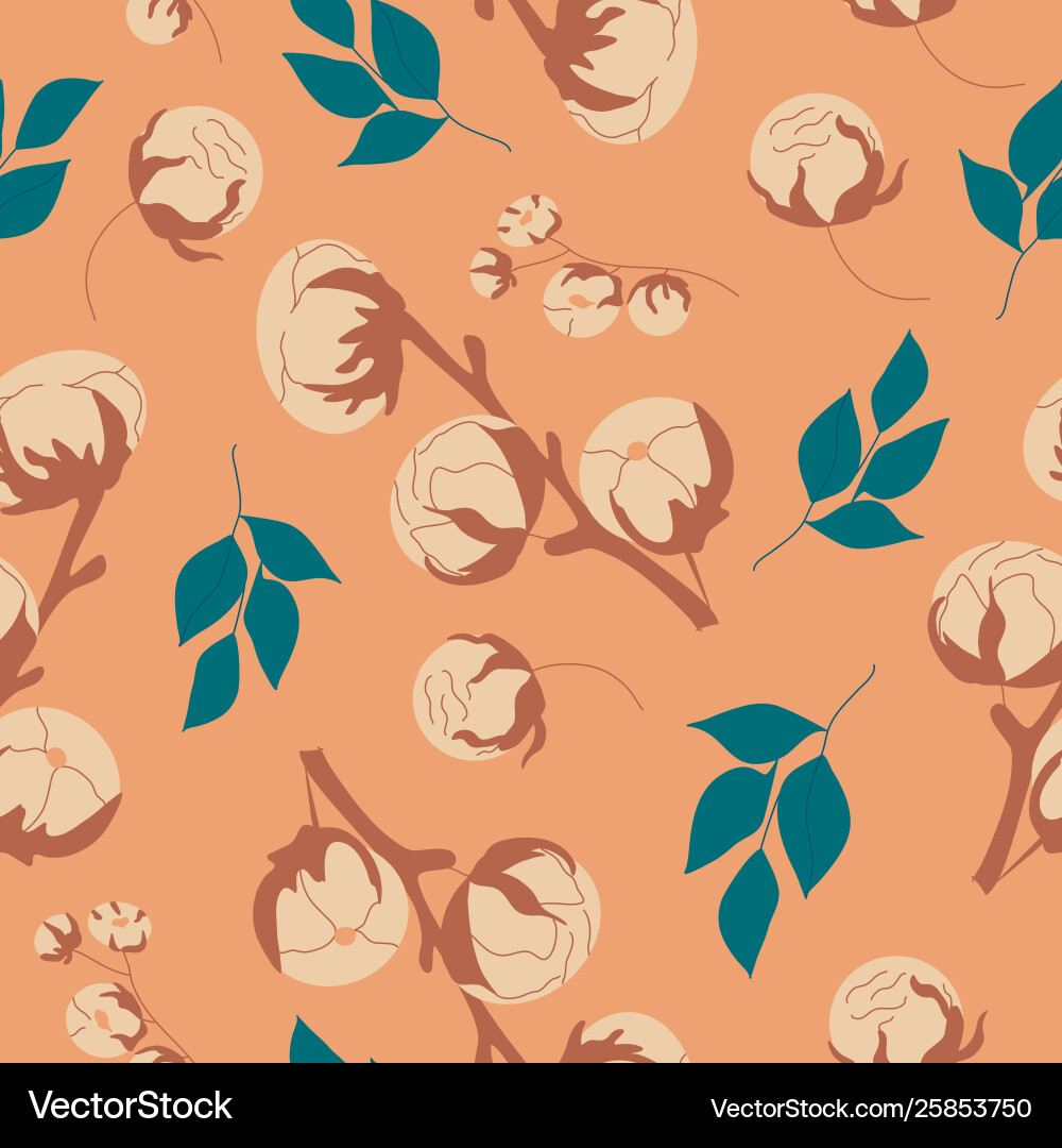 Cotton and leaves in a seamless pattern design Vector Image