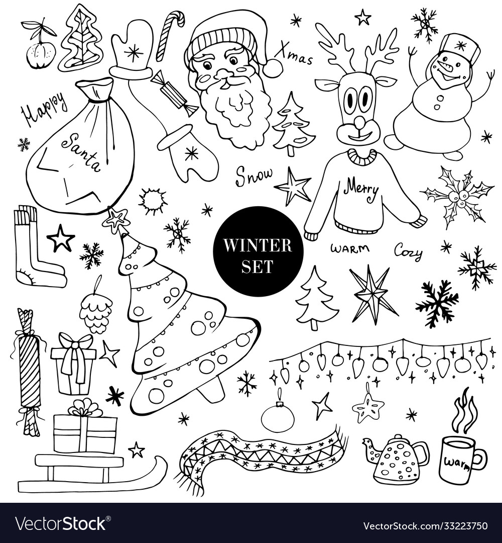 Hand drawn winter doodle set Royalty Free Vector Image
