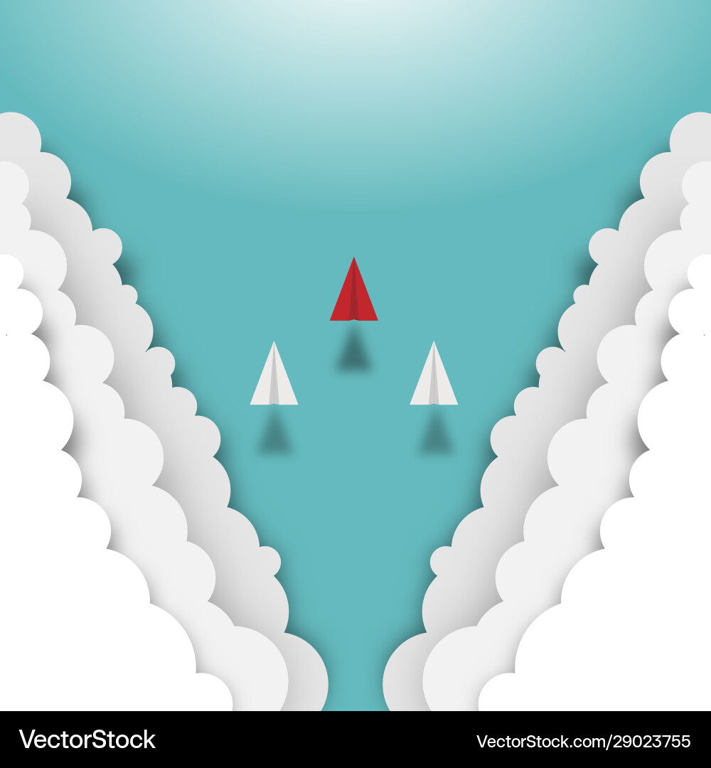 Paper airplanes flying from clouds on sky Vector Image