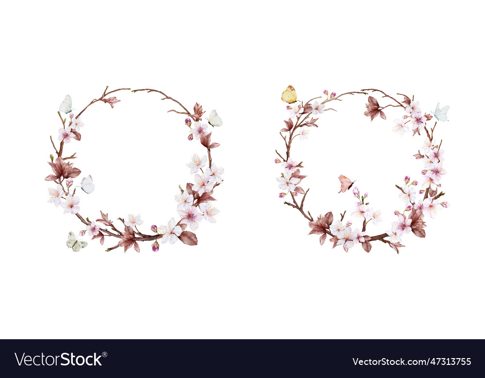 Set of watercolor cherry blossom wreath Royalty Free Vector