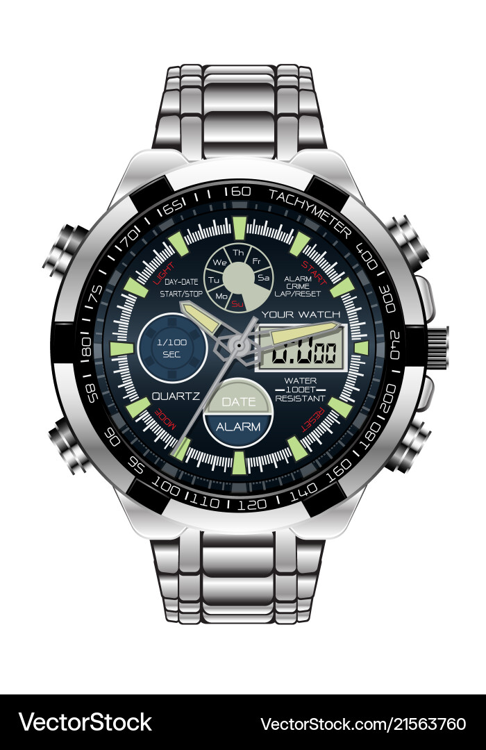 Realistic watch chronograph clock stainless steel Vector Image