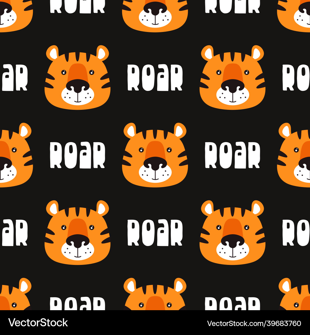 Seamless pattern with cute cartoon tiger on black Vector Image