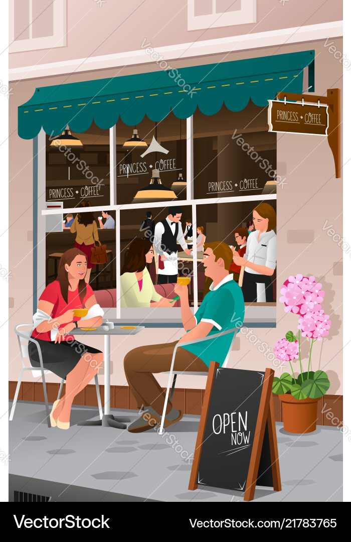 Couple drinking coffee at an outdoor cafe Vector Image