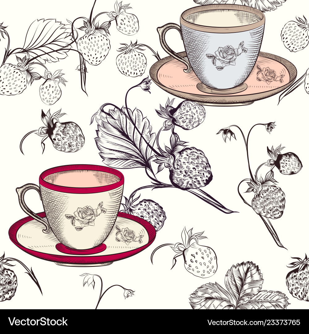 Tea or coffee background with cups and strawberry Vector Image