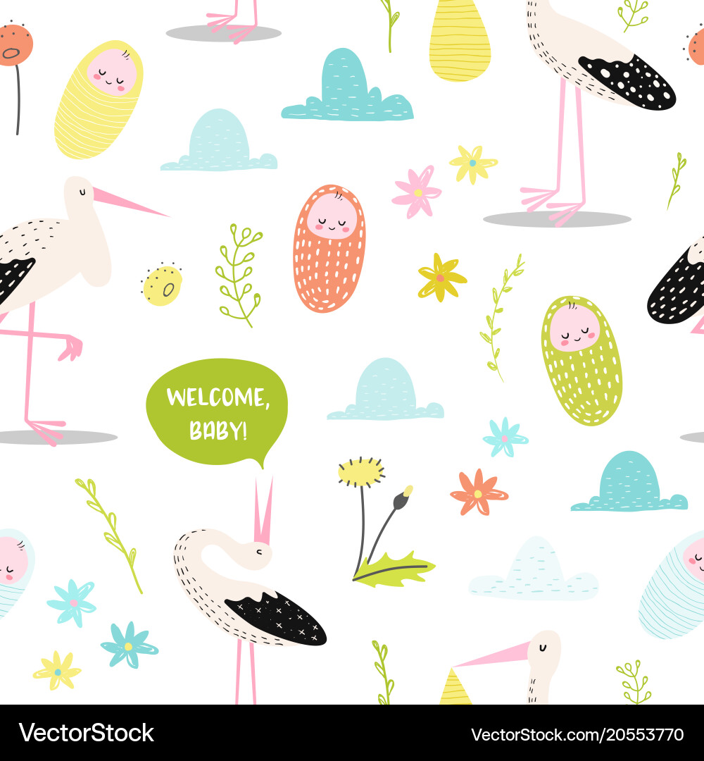 Baby shower seamless pattern with cute stork Vector Image
