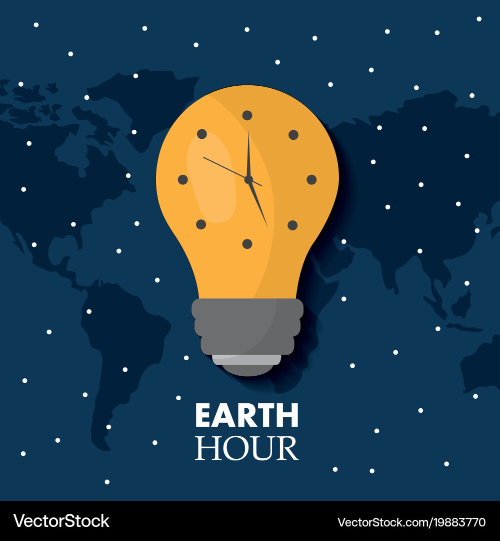 Earth hour bulb light ecology clock map stars Vector Image