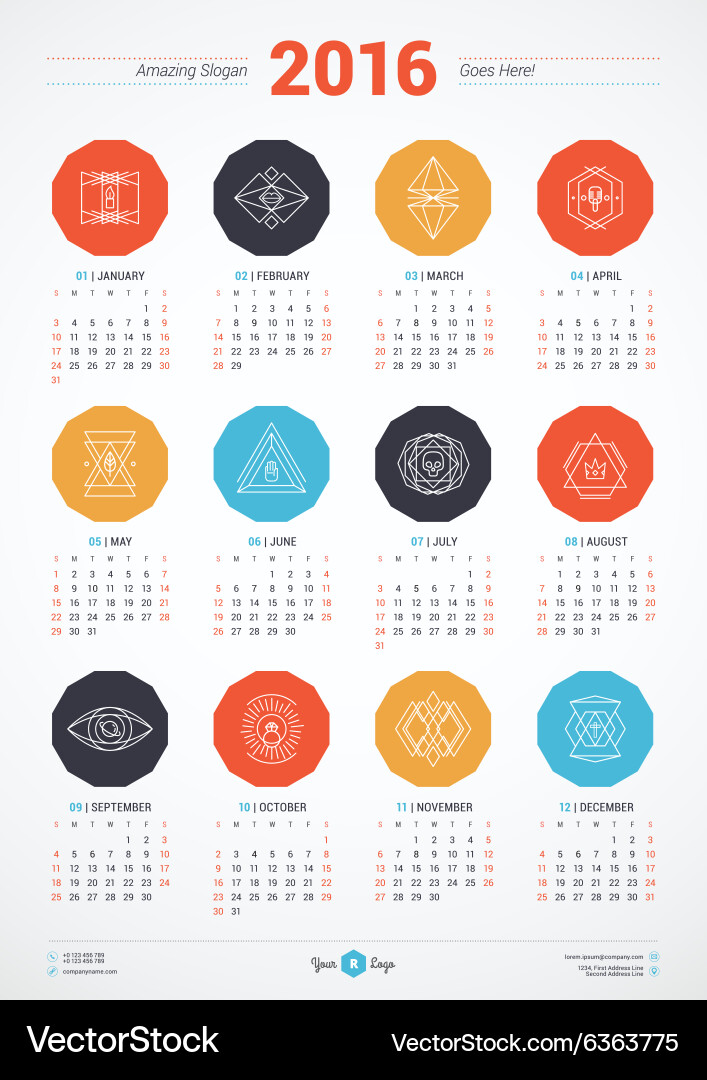 Calendar 2016 design template week starts sunday Vector Image
