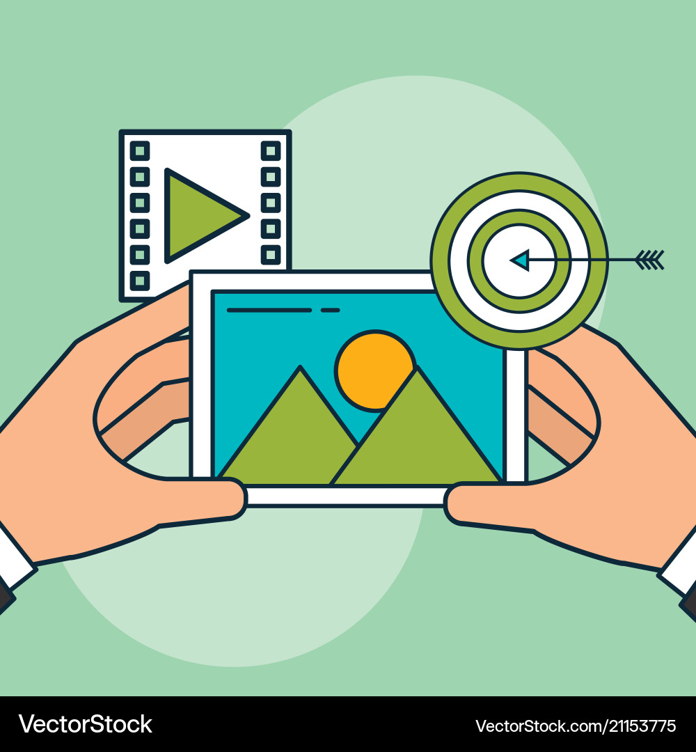 Hand holding photo and target video digital Vector Image