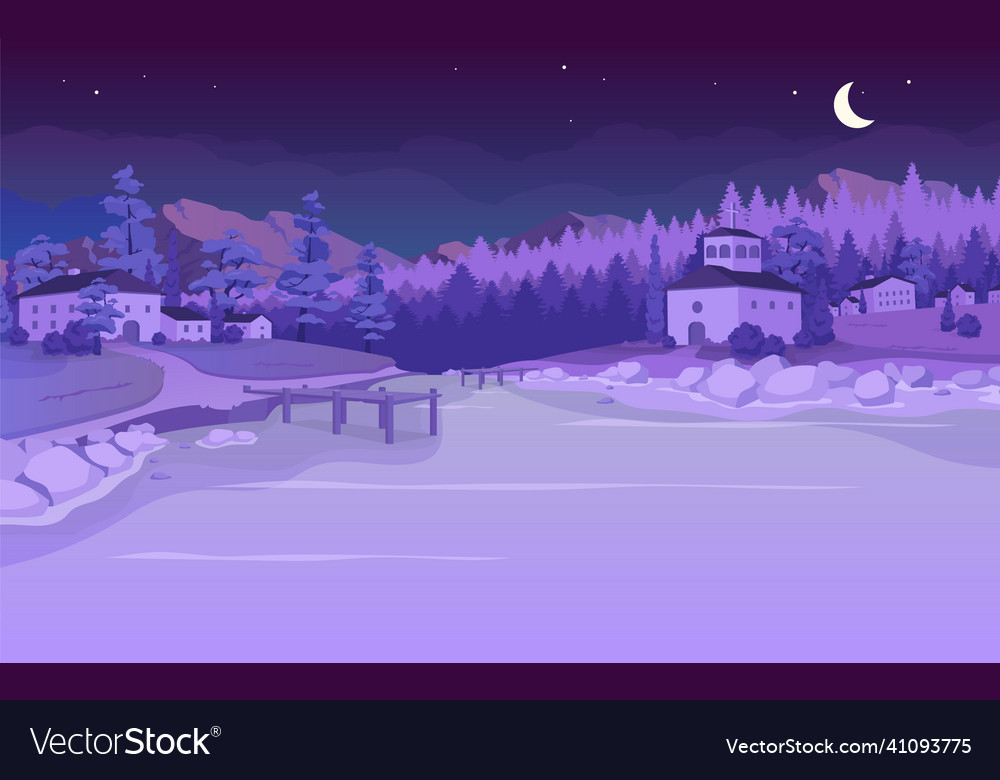 Nighttime lake in village flat color Royalty Free Vector Nighttime lake in village flat color Royalty Free Vector