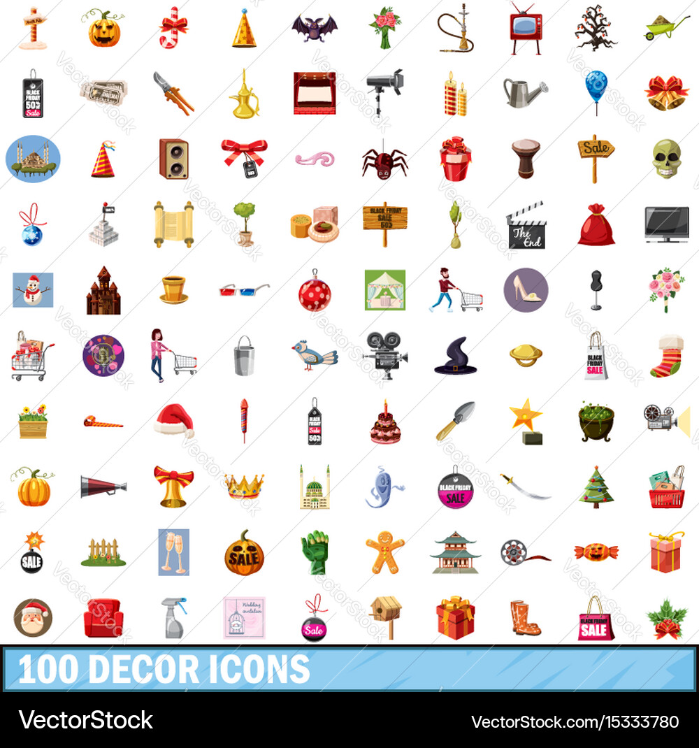 100 decor icons set cartoon style Royalty Free Vector Image