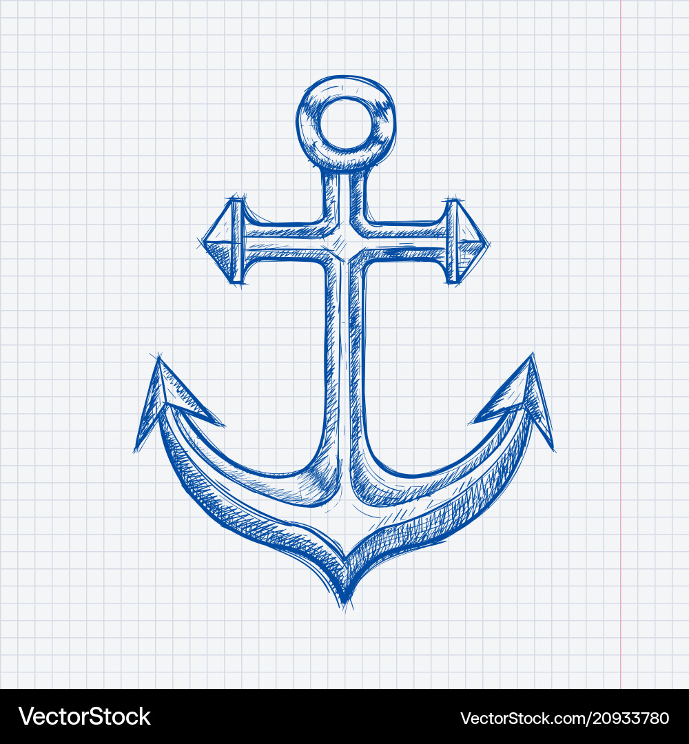 Anchor blue hand drawn sketch on lined paper Vector Image