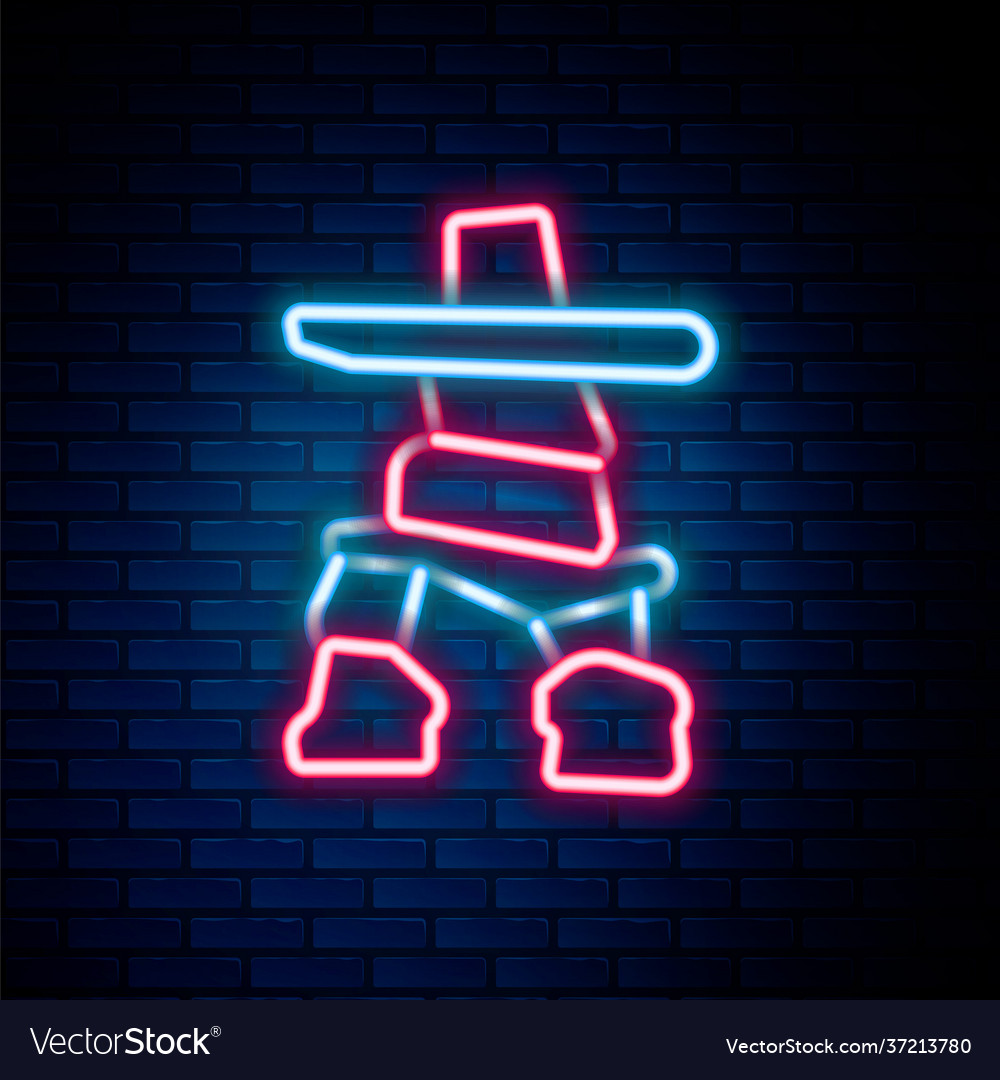 Glowing neon line inukshuk icon isolated on brick Vector Image