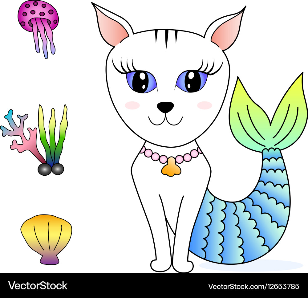 Cat face mermaid hand drawn doodle cartoon Vector Image