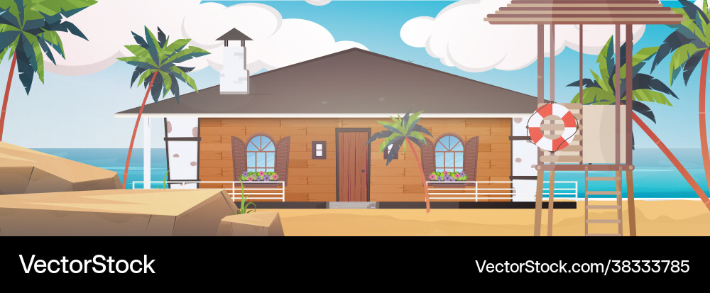 Villa on a sandy beach with palm trees summer Vector Image