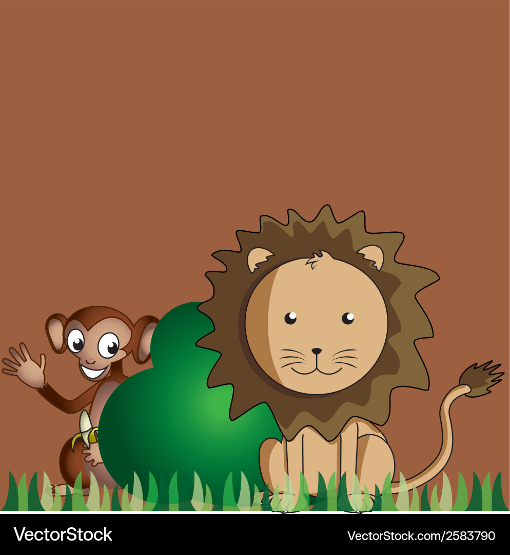 A lion and monkey in safari background Royalty Free Vector
