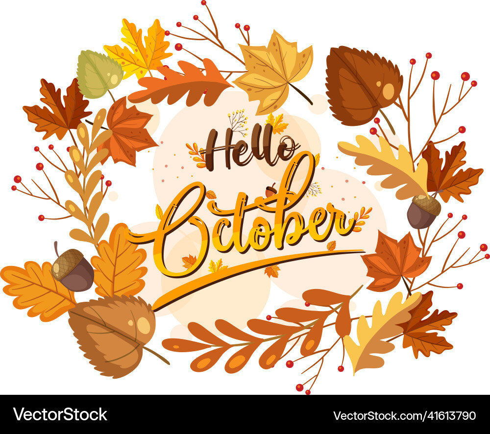 Hello october logo with ornamental autumn leaf Vector Image