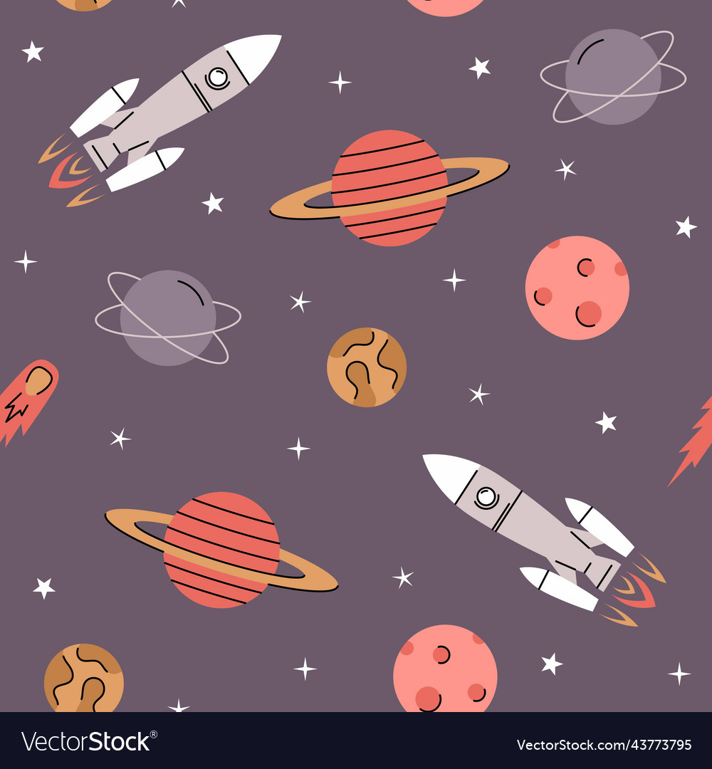 Space elements seamless pattern with rockets Vector Image