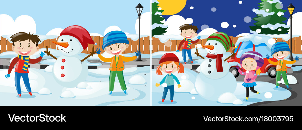 Two scenes with kids playing with snow Royalty Free Vector