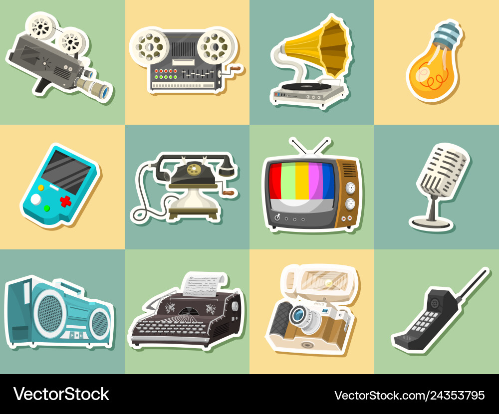Vintage devices icons retro tech media Royalty Free Vector