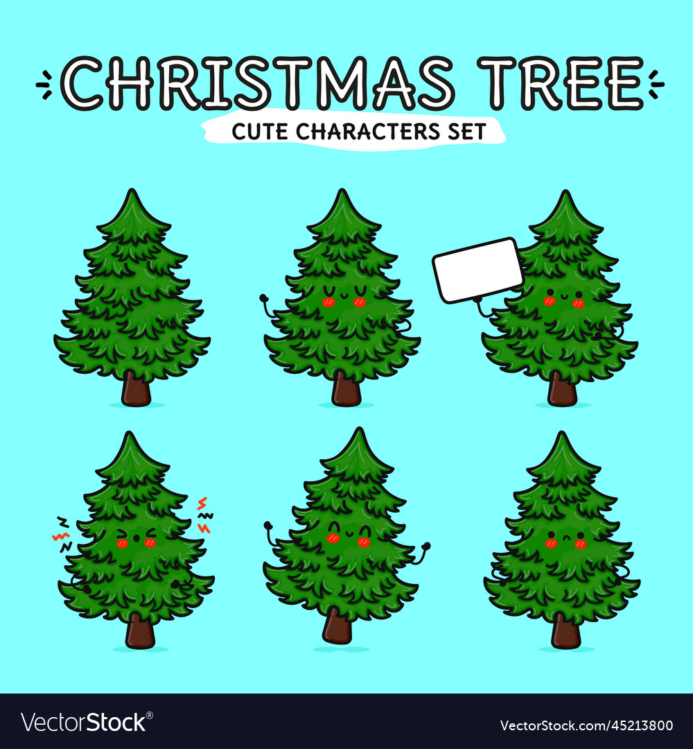 Funny cute happy christmas tree characters bundle Vector Image