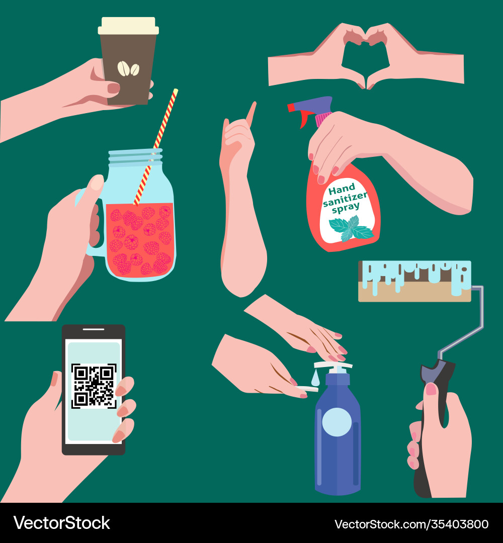 Hands holding different item and supplies Vector Image