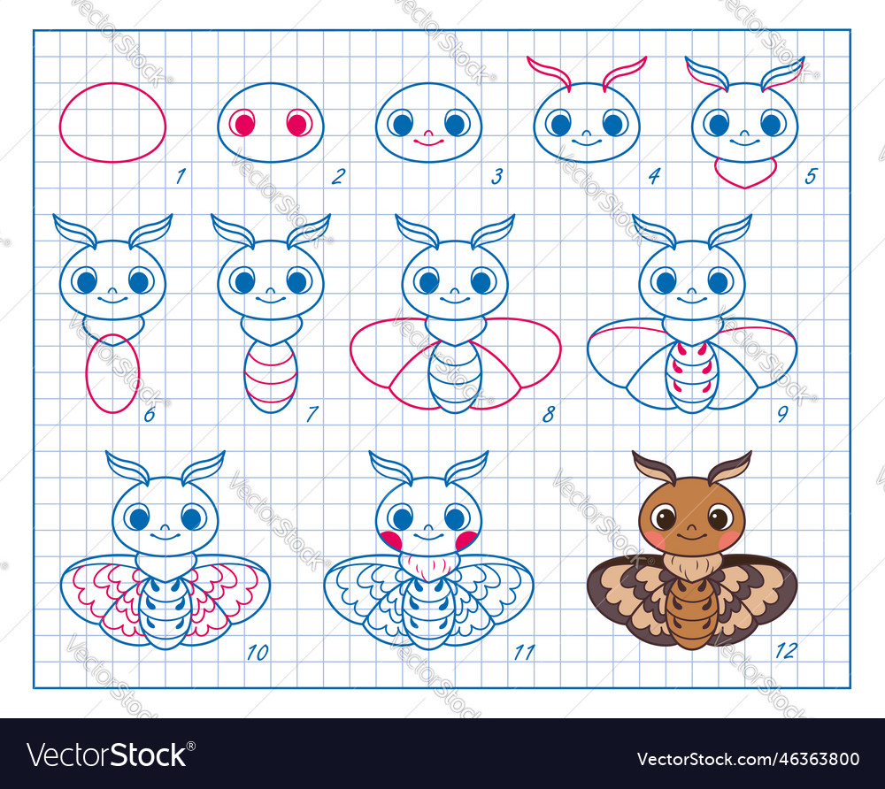How to draw cute moth step by lesson Royalty Free Vector