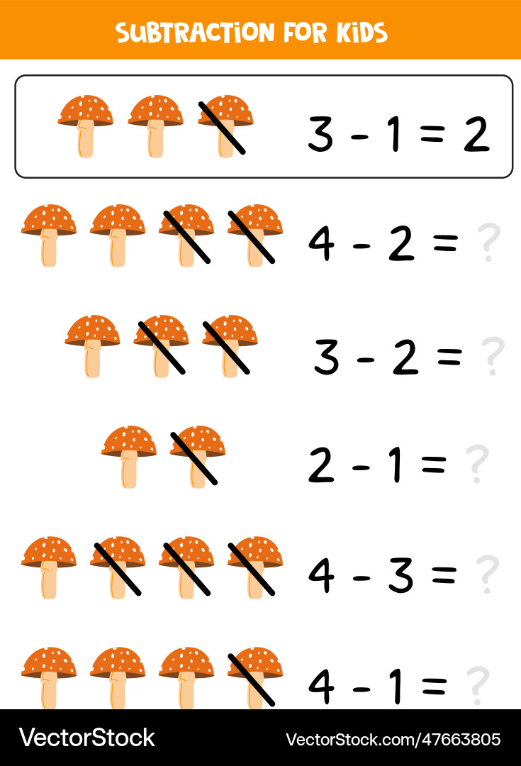 Subtraction game with cute cartoon fly agaric Vector Image