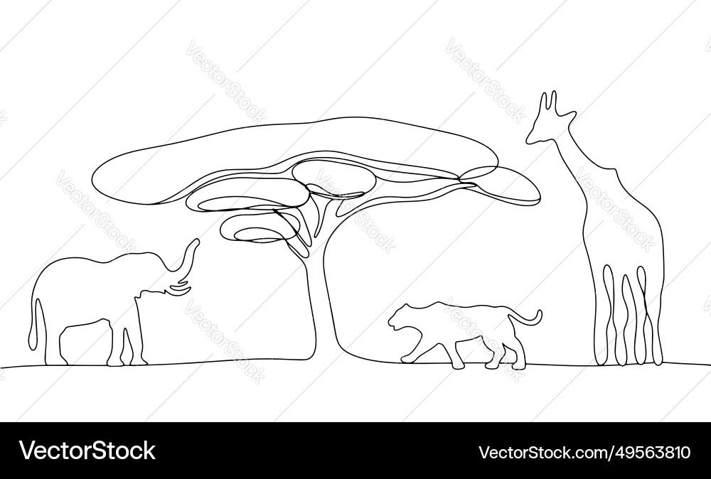 Africa baobab animals one line Royalty Free Vector Image