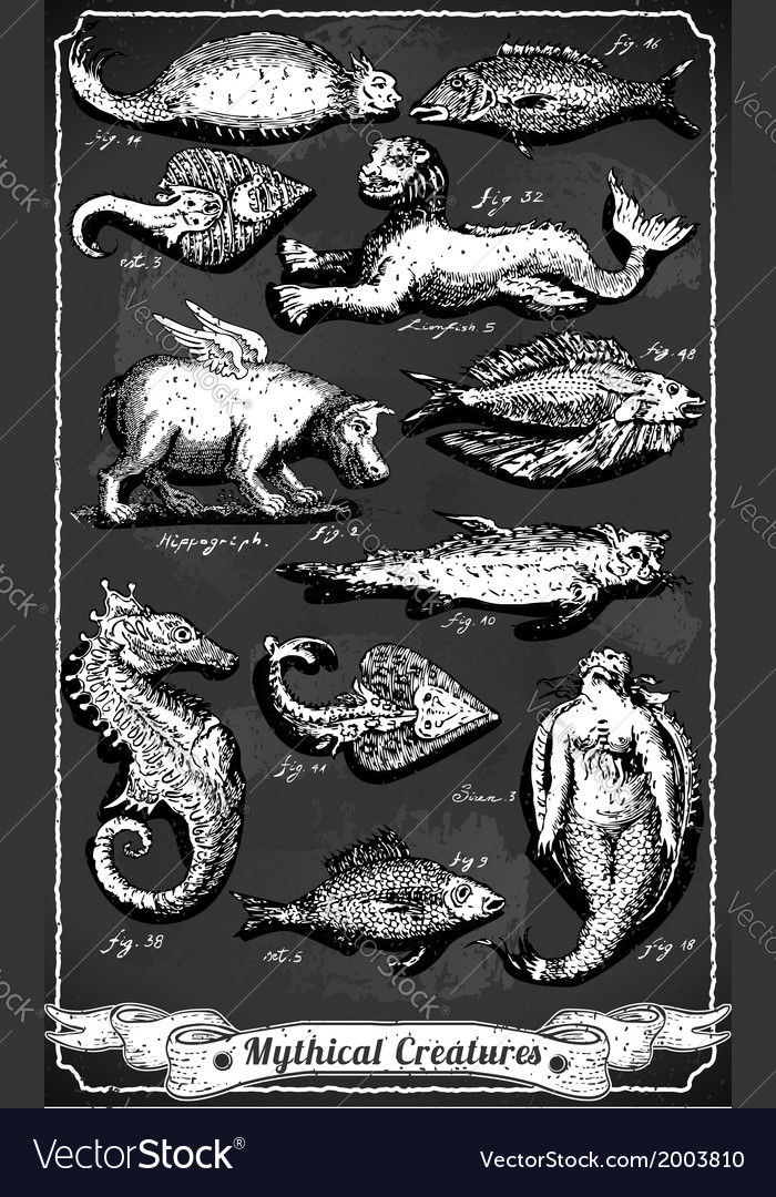Vintage Set of Mythical Creatures on Blackboard Vector Image Vintage Set of Mythical Creatures on Blackboard Vector Image
