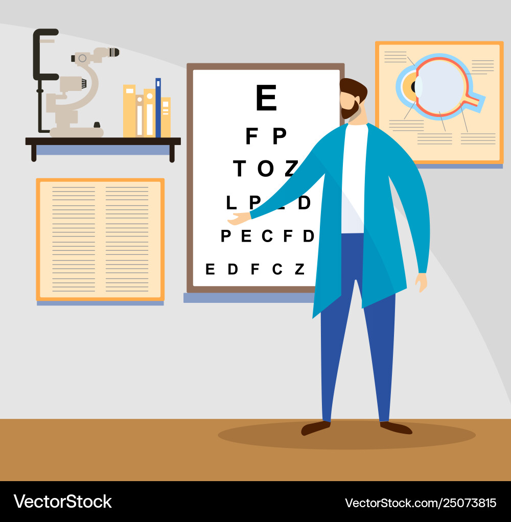 Doctor stand at sight check board for vision test Vector Image