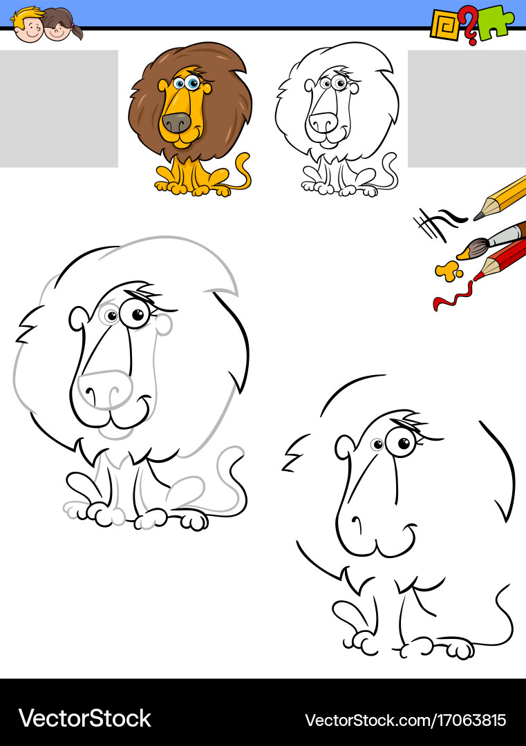 Drawing and coloring worksheet with lion Vector Image