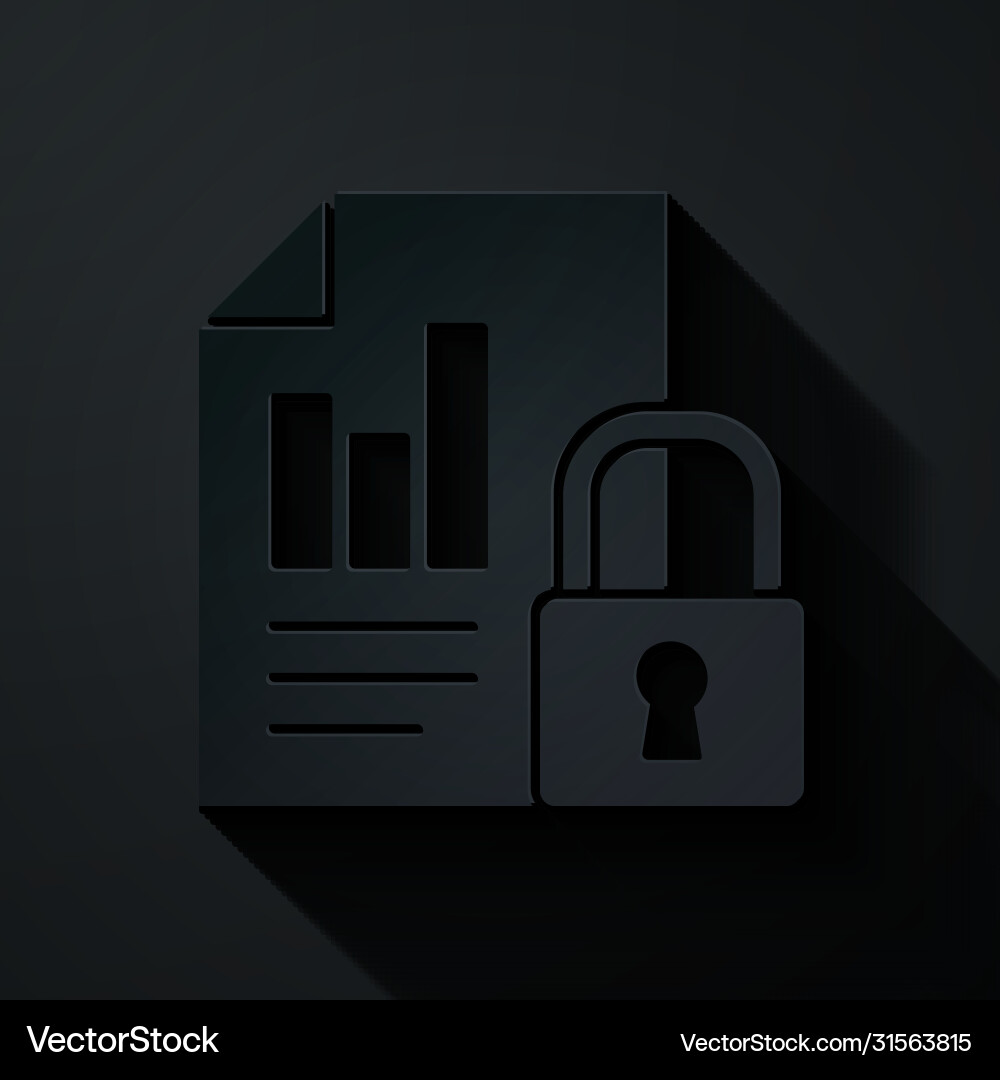Paper cut document and lock icon isolated on black