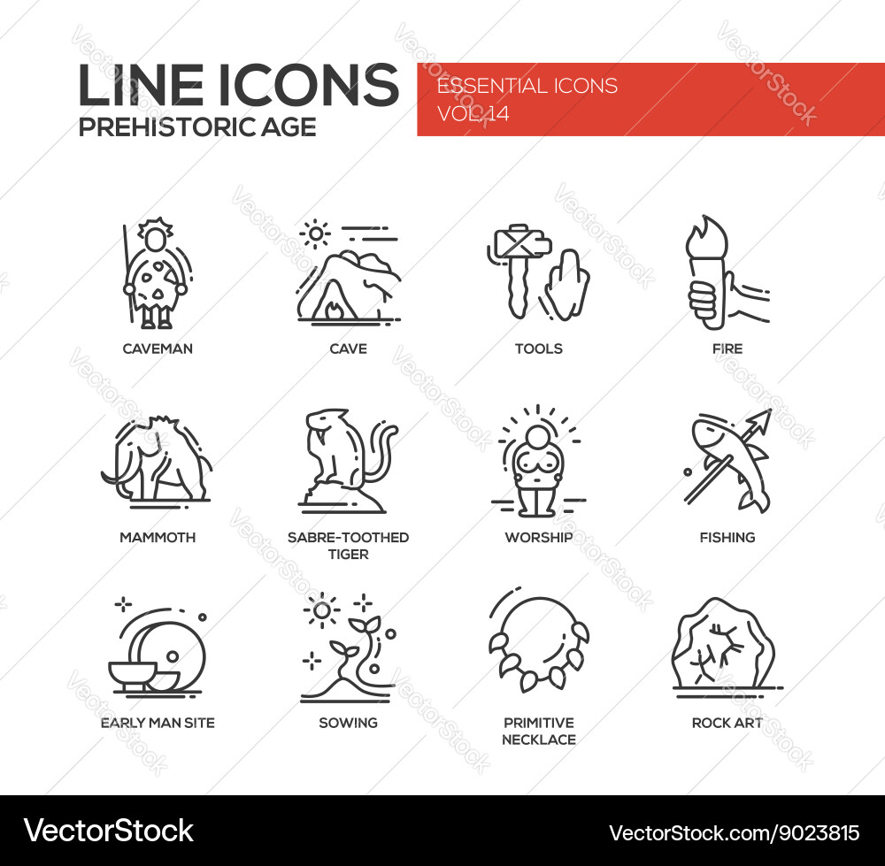 Prehistoric age- line design icons set Royalty Free Vector