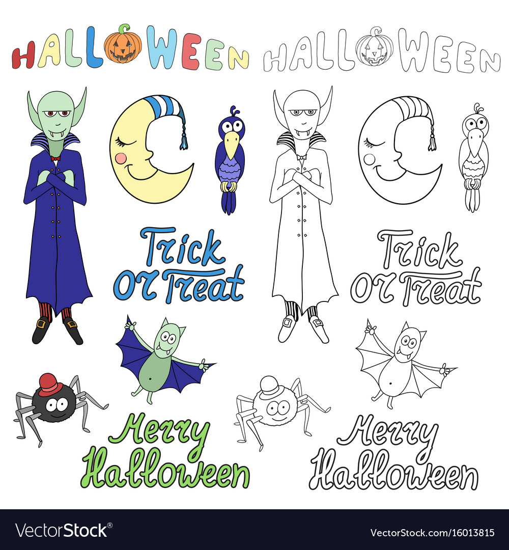 Set of cartoon halloween characters and words Vector Image
