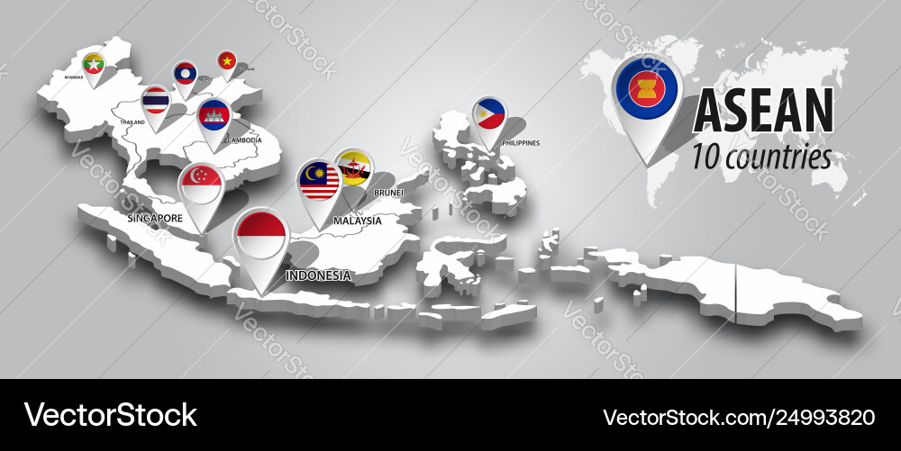 Asean and membership flag on 3d map southeast Vector Image