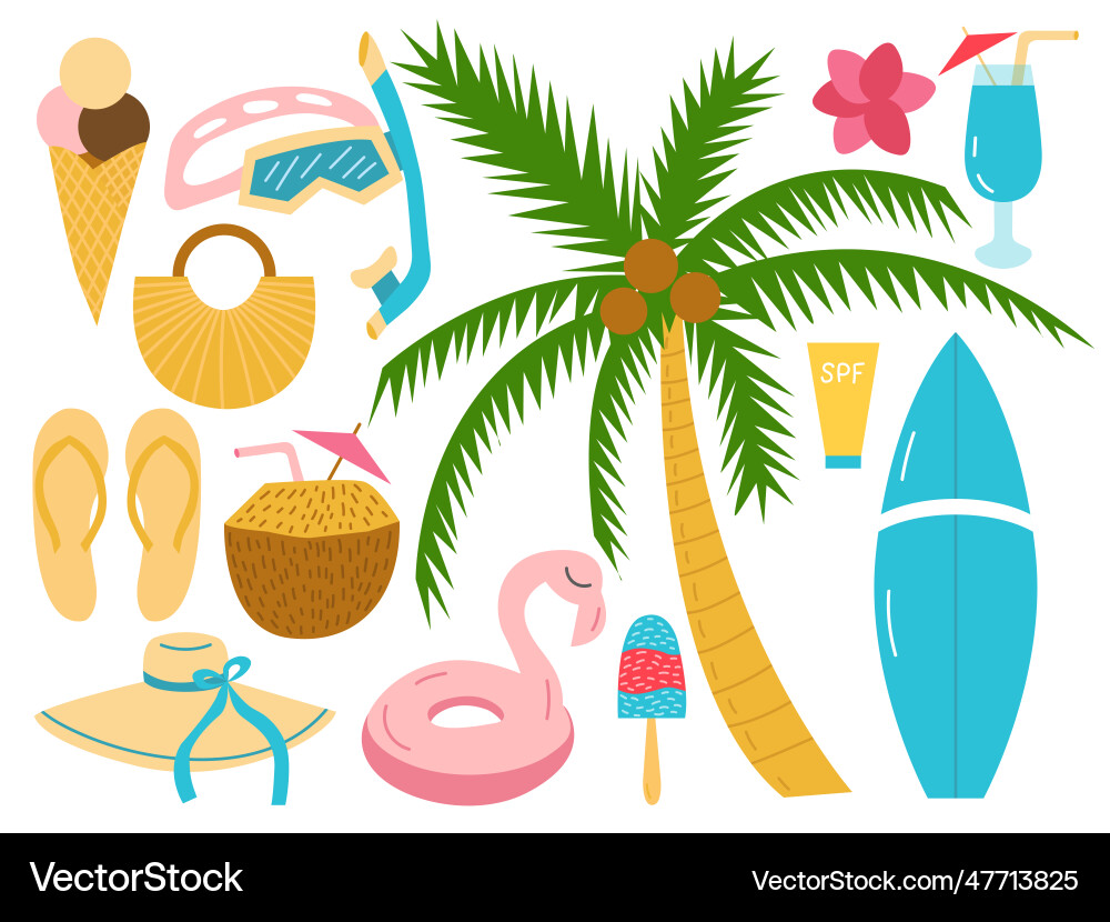 Different summer beach elements set Royalty Free Vector