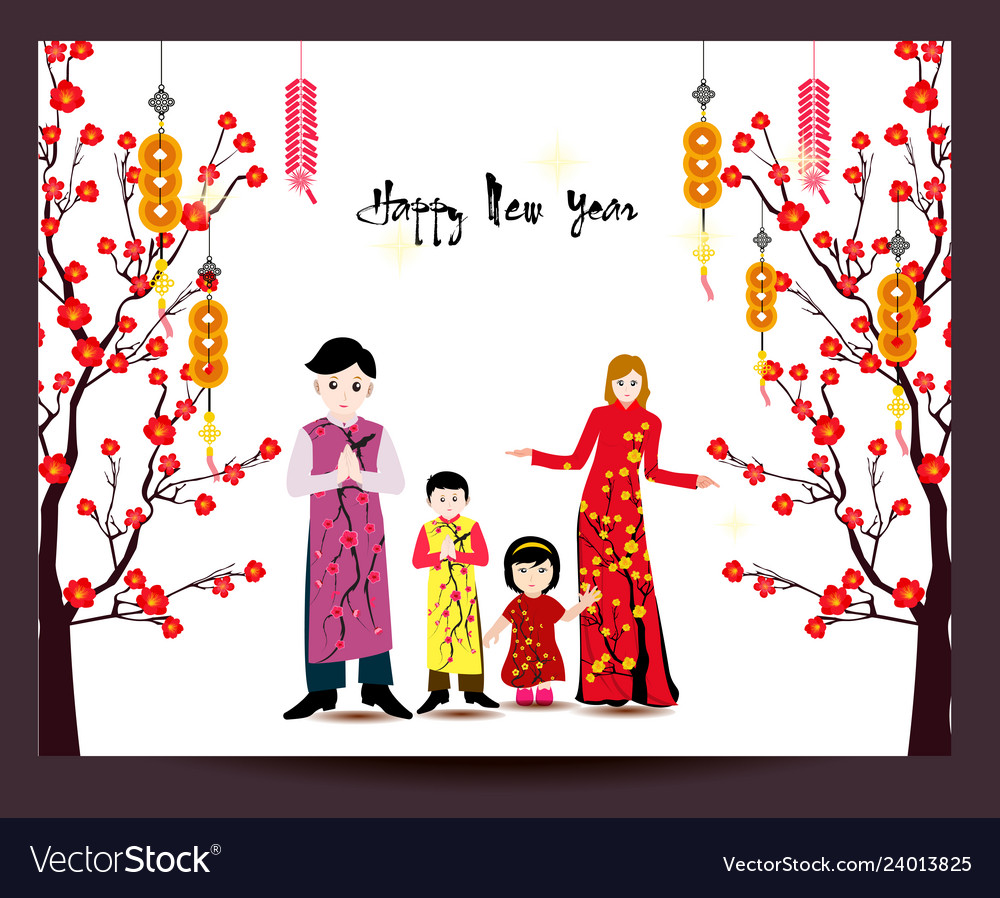 Happy chinese new year with happy family and long Vector Image