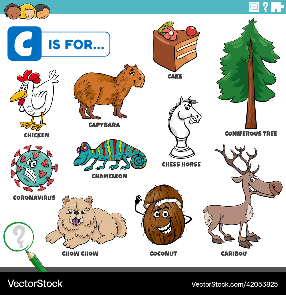 Letter c words educational set with cartoon Vector Image