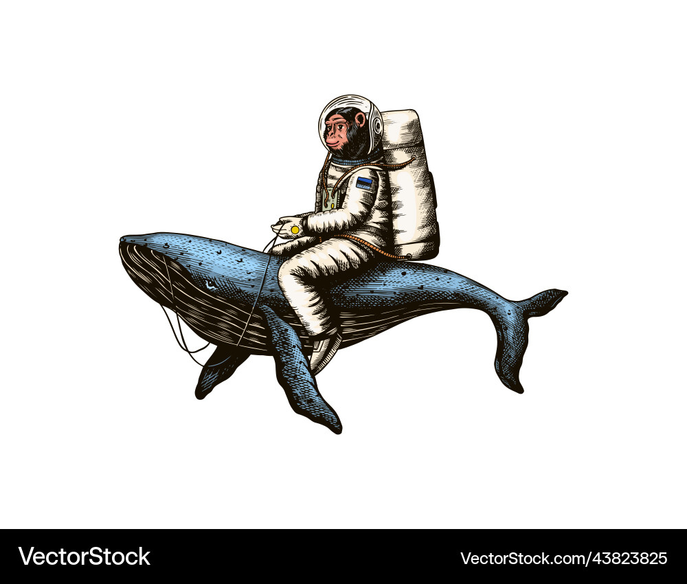 Monkey astronaut with blue whale funny chimpanzee Vector Image