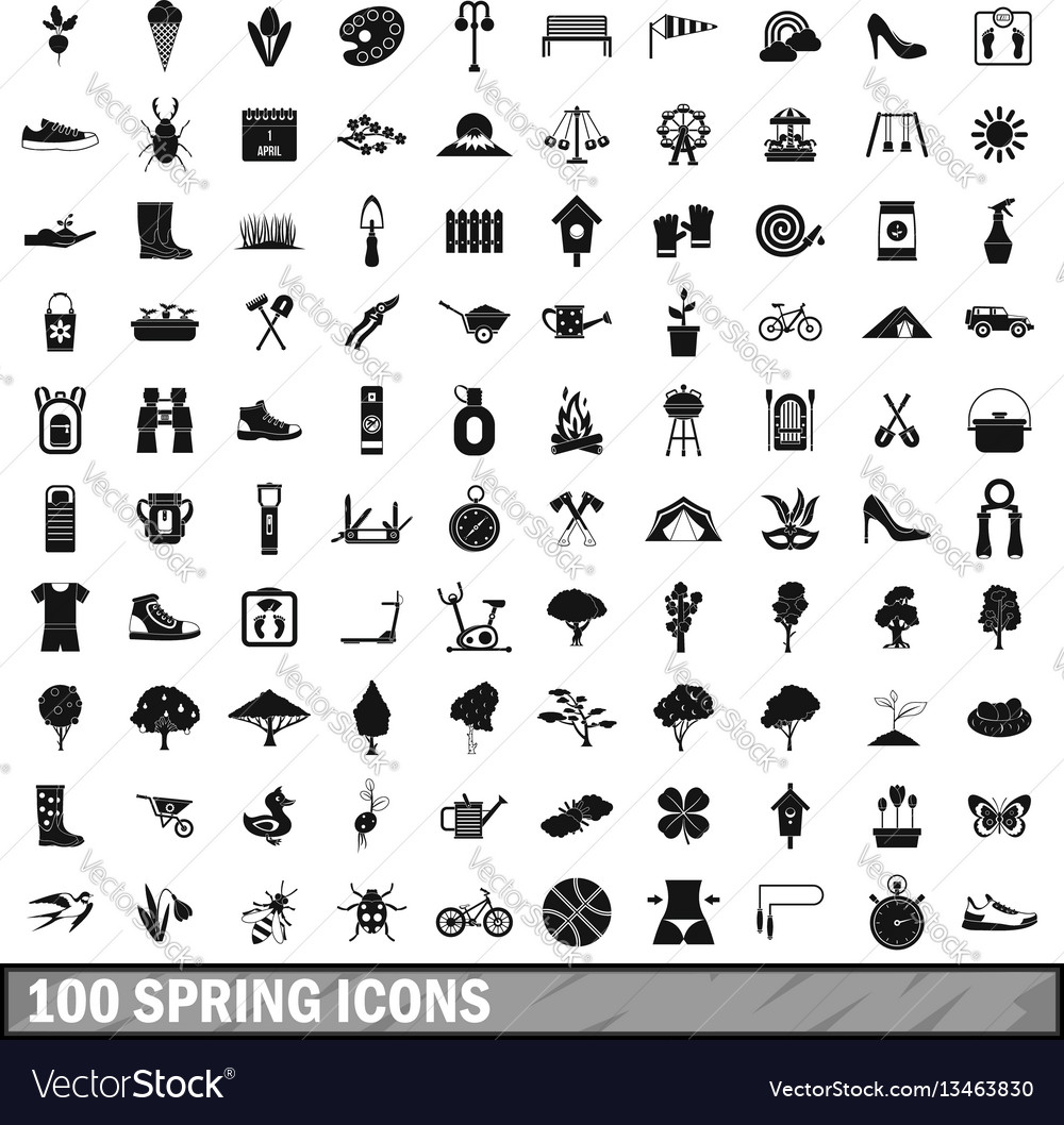100 spring icons set in simple style Royalty Free Vector