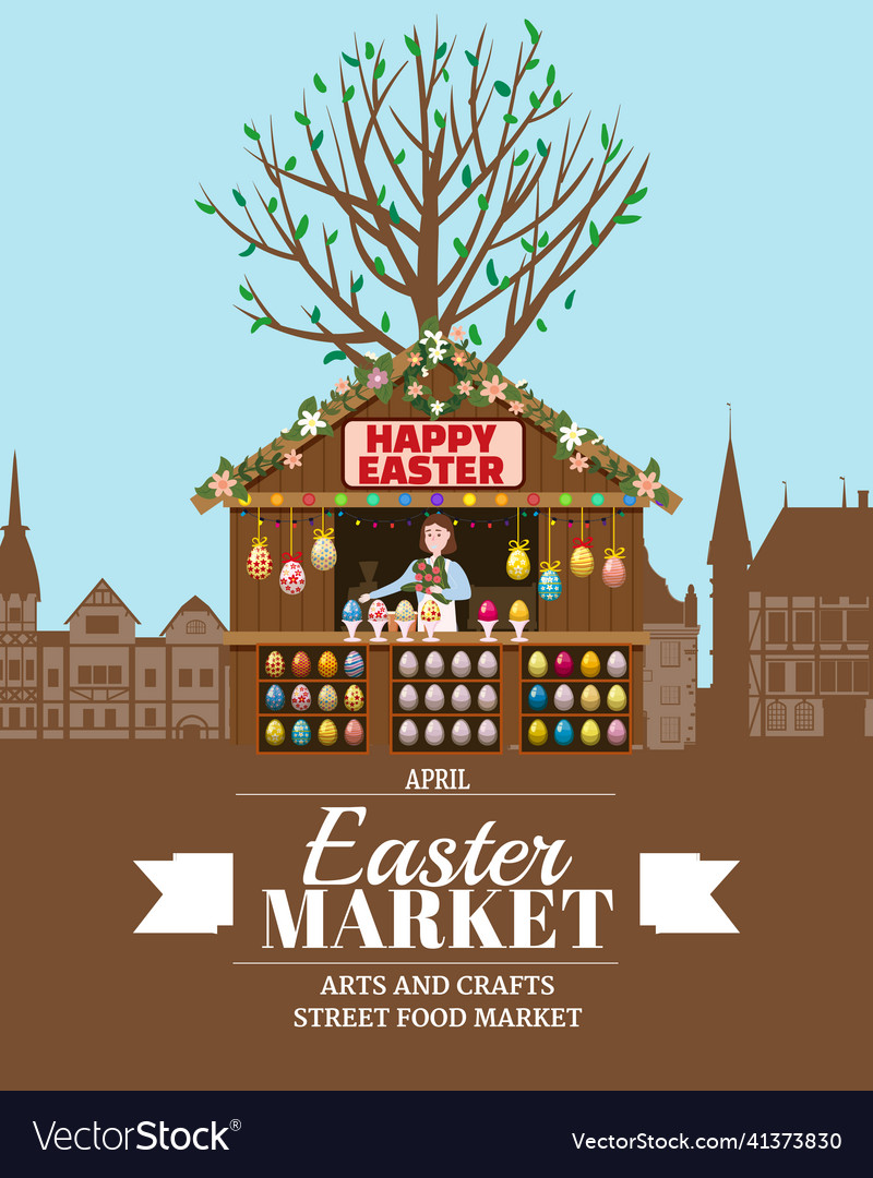 Easter market poster wooden stall decorated Vector Image