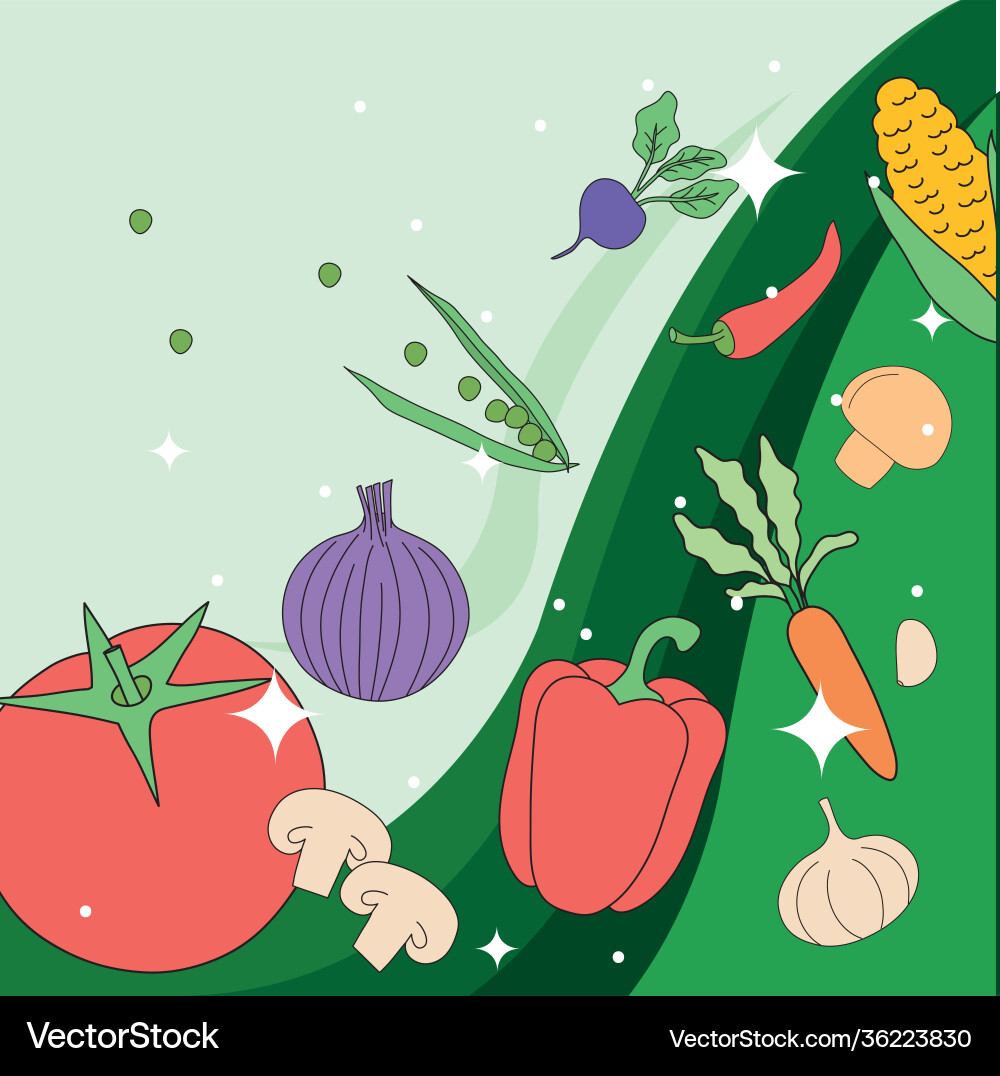 Vegetables on green and blue background Royalty Free Vector