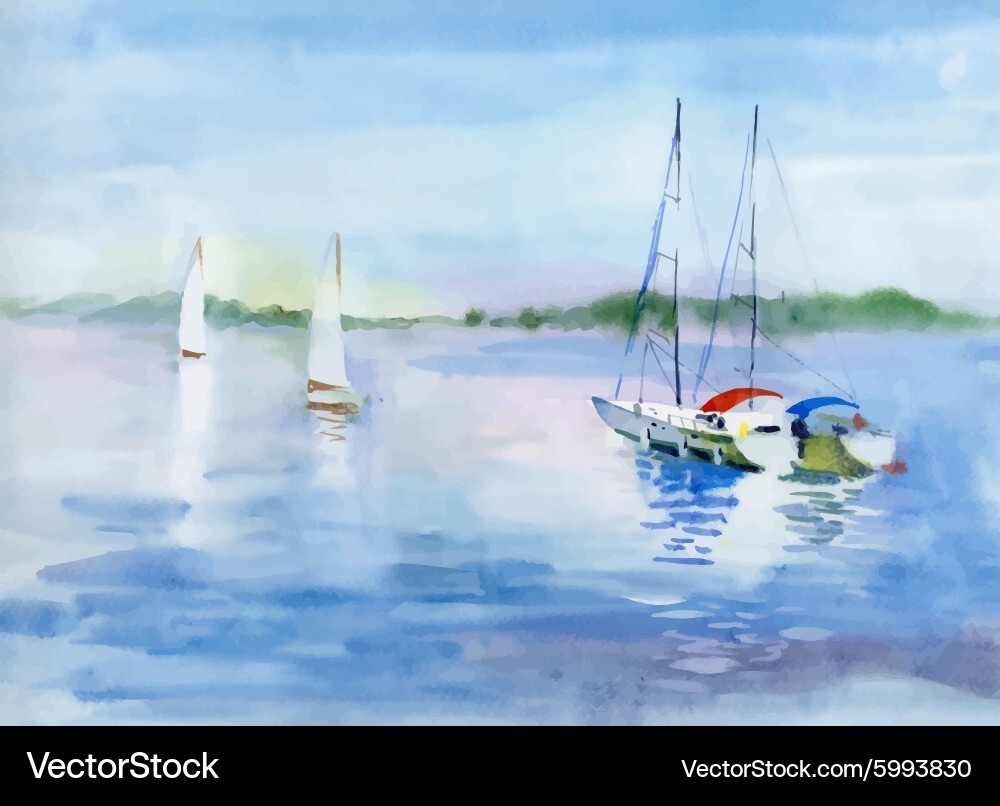 Watercolor boat on river water Royalty Free Vector Image