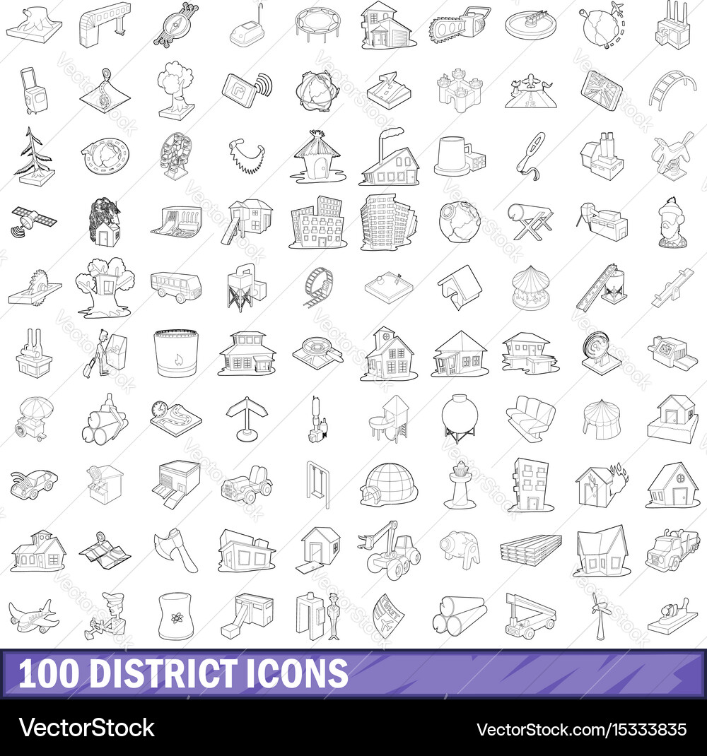 100 district icons set outline style Royalty Free Vector