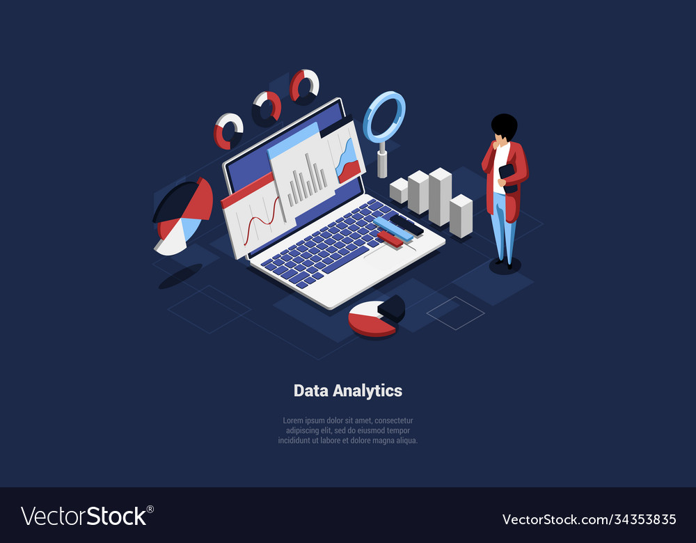 Isometric composition of laptop with charts Vector Image