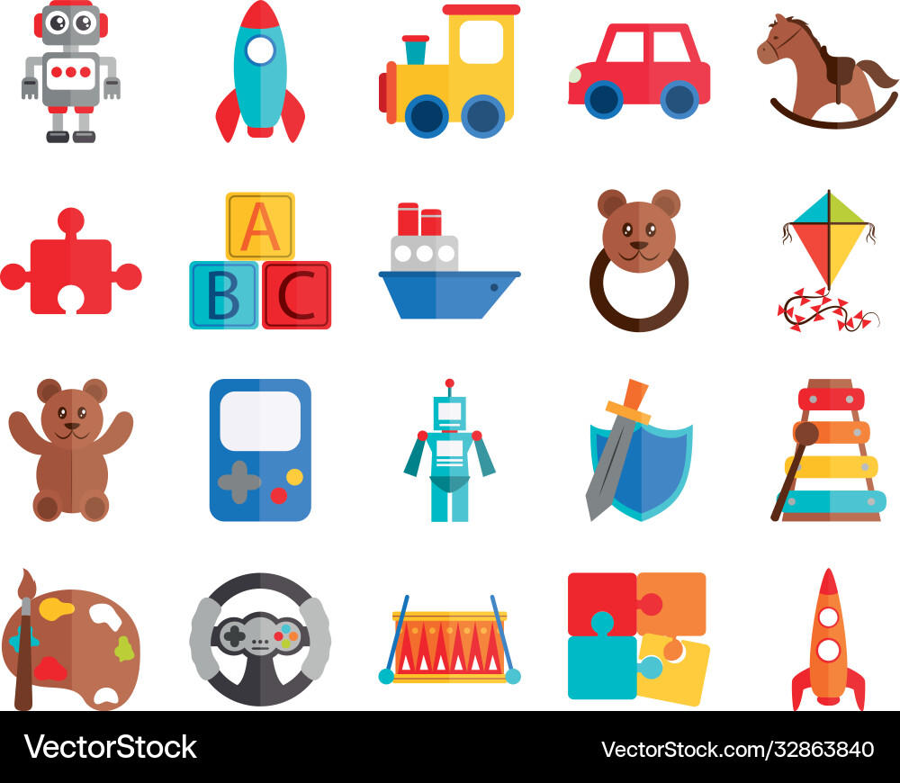 Cartoon toy rocket train car robot cube boat bear Vector Image