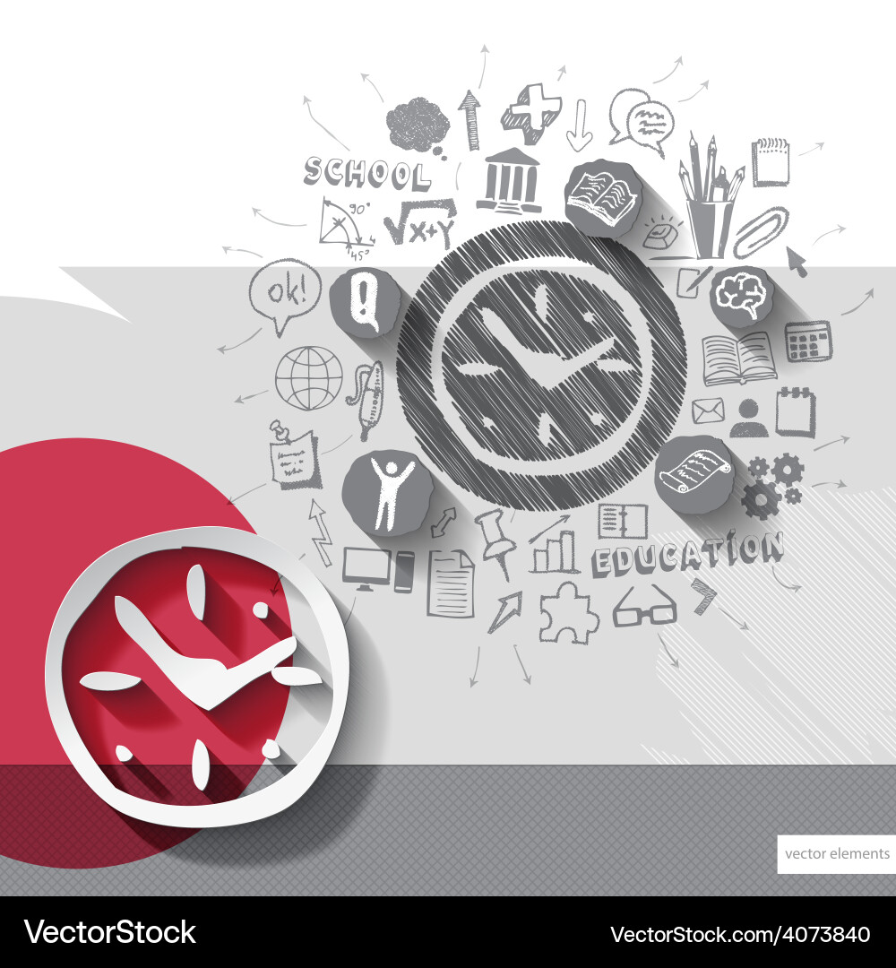 Paper and hand drawn clock emblem with icons Vector Image